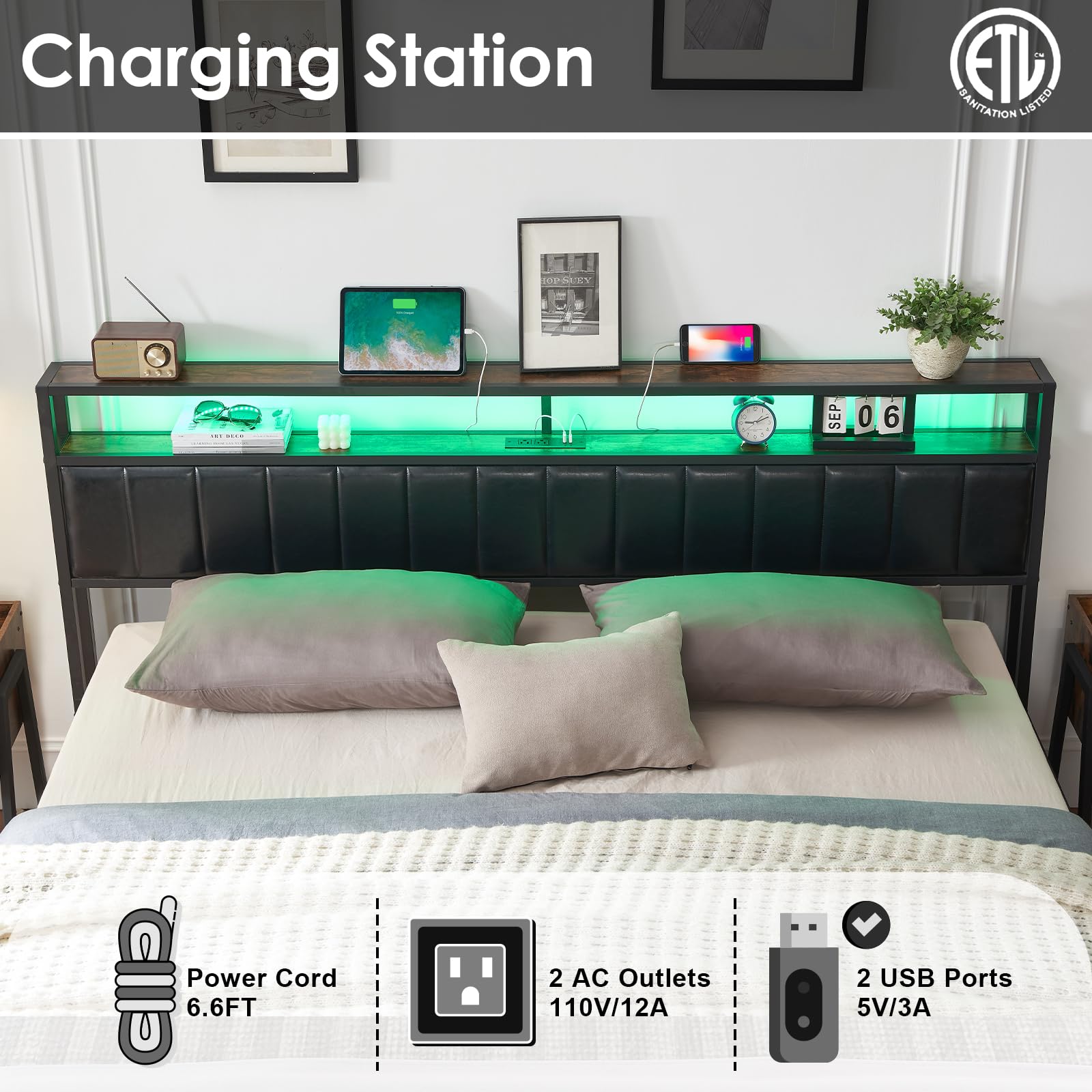 AMERLIFE King Size Platform Bed Frame, LED Bed Frame with PU Leather & Charging Station, 2-Tier Storage Headboard/No Box Spring Needed/Noise Free, Black