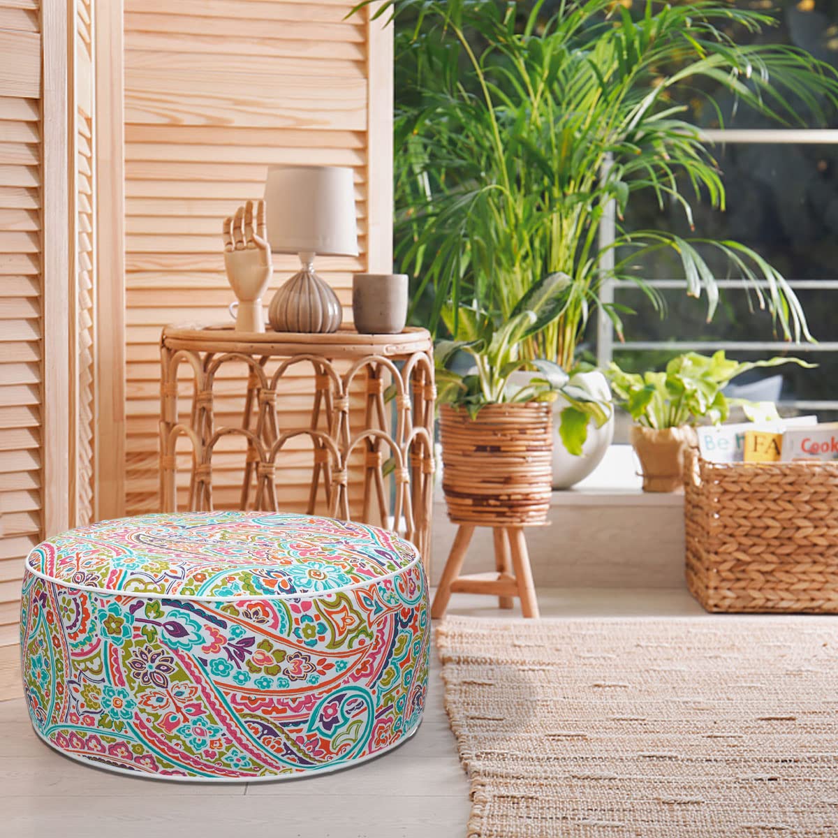 FUNHOME Inflatable Stool Ottoman Footrest with Handle, All Weather Footrest Seat with Foot Pump D20 xH9, Water Repellent Footstool Pouf for Home Patio Garden and Camping Use-Melora Paisley