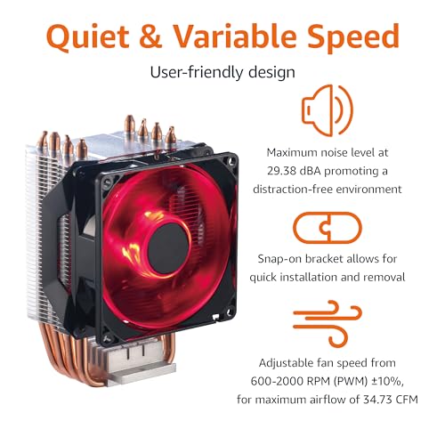 Amazon Basics Computer Cooling Fan with Cooler Master Technology, CPU Air Cooler, 4 Heat Pipes, RGB LED PWM, 4.02 X 3.28 X 4.96 Inch, Aluminum Fins