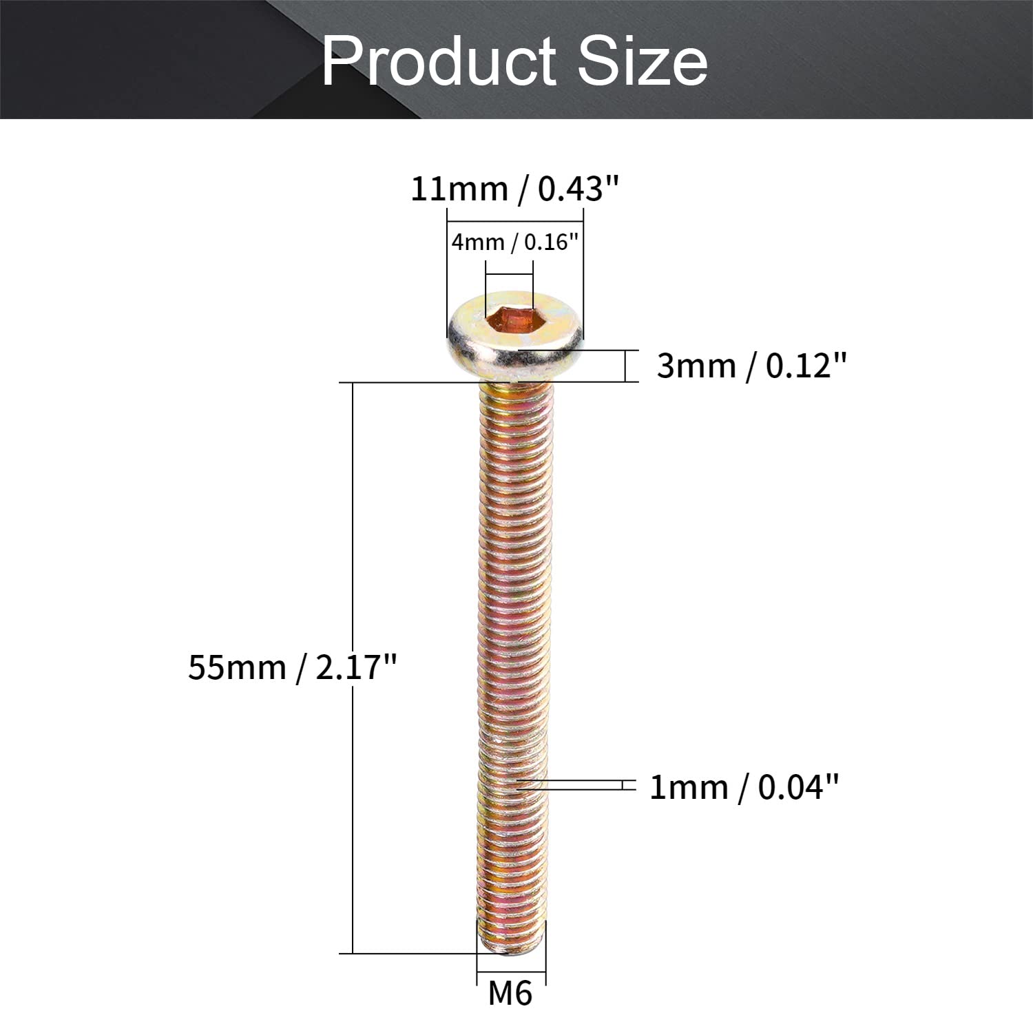 MroMax M6-1 x 55mm Hex Socket Flat Head Screws Furniture Bolts Fastener Full Thread Carbon Steel Colorful 20Pcs