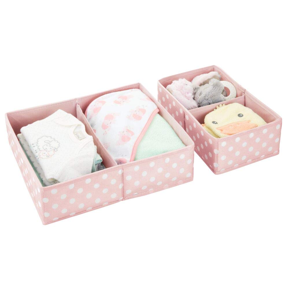 mDesign Soft Fabric Dresser Drawer and Closet Storage Organizer for Child/Kids Room, Nursery - Divided 2 Compartment Organizer - Fun Polka Dot Print, Set of 4 - Pink with White Dots