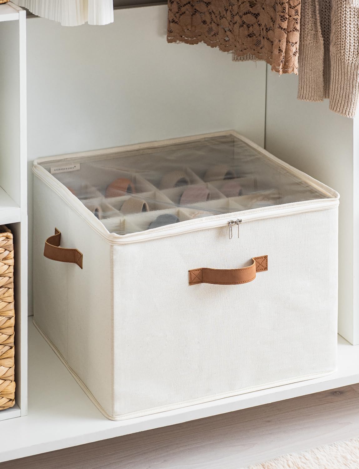 StorageWorks Shoe Organizer for Closet, Fabric Shoe Storage Bins with Clear Cover, Adjustable Dividers for Shoe Storage, Beige, 1-Pack, Shoe Cube Organizer Fits up to 16 Pairs