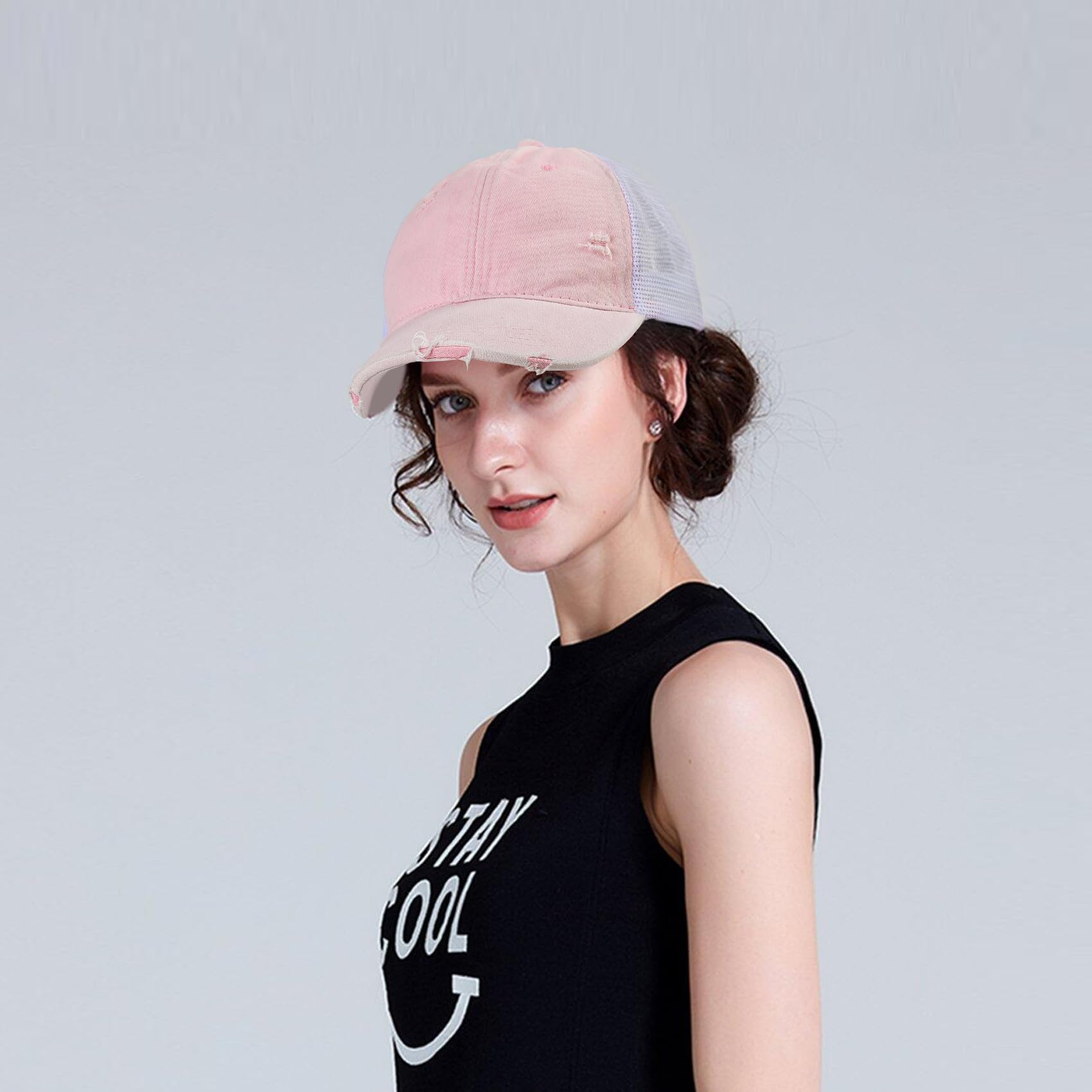4 Pack Criss Cross Ponytail Hat Washed Distressed Women Mesh Baseball Caps Messy Bun Ponycaps