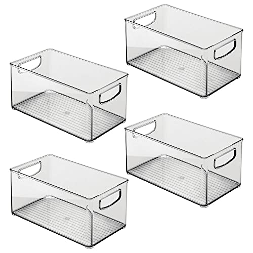 mDesign Plastic Kitchen Organizer - Storage Holder Bin with Handles for Pantry, Cupboard, Cabinet, Fridge/Freezer, Shelves, Counter - Holds Canned Food, Snacks - Ligne Collection - 4 Pack - Smoke Gray