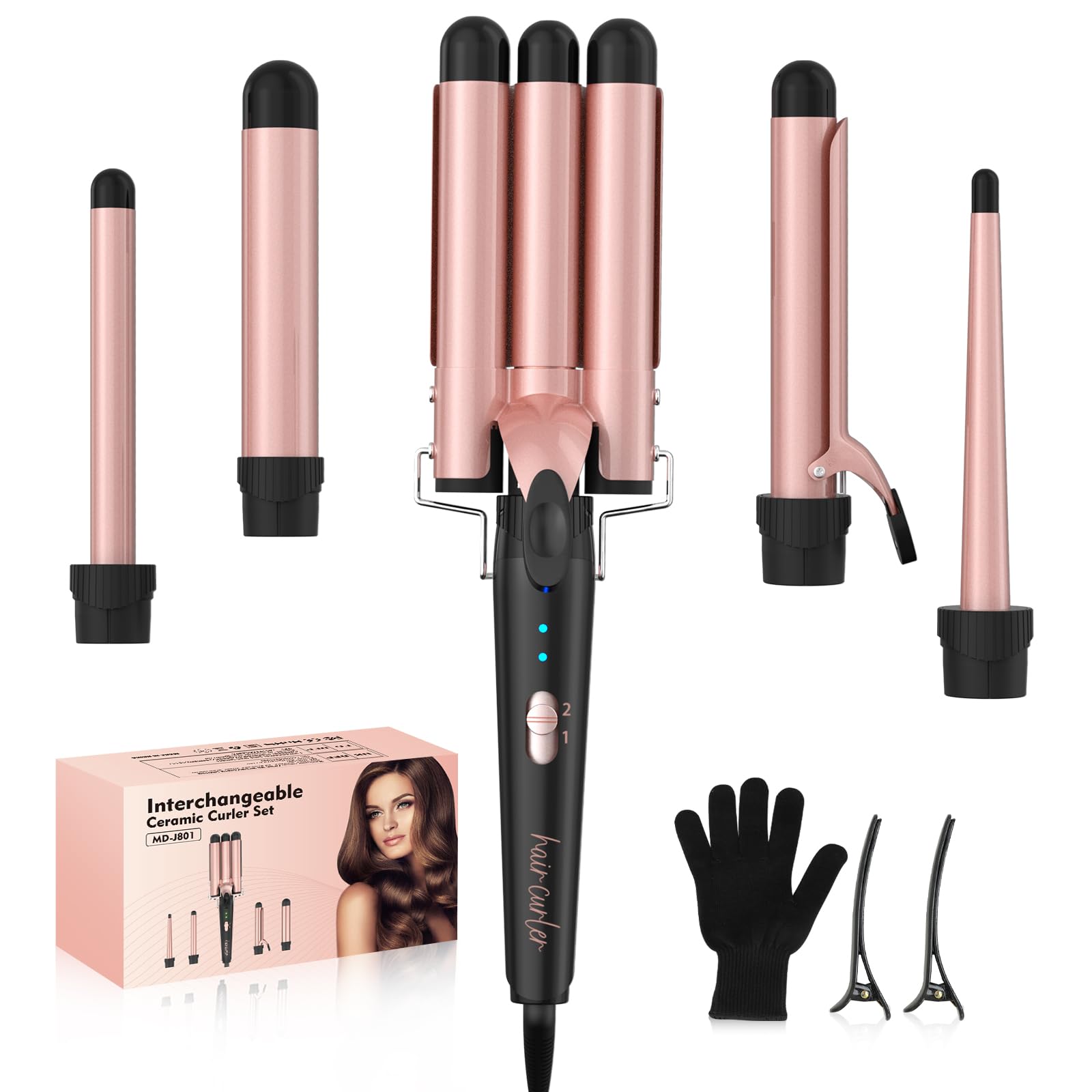 5 in 1 Curling Wand Set with 3 Barrel Crimper, 5 Interchangeable Ceramic Barrels, Instant Heat Up, Adjustable Temperature & Heat Protective Glove for All Hair Types