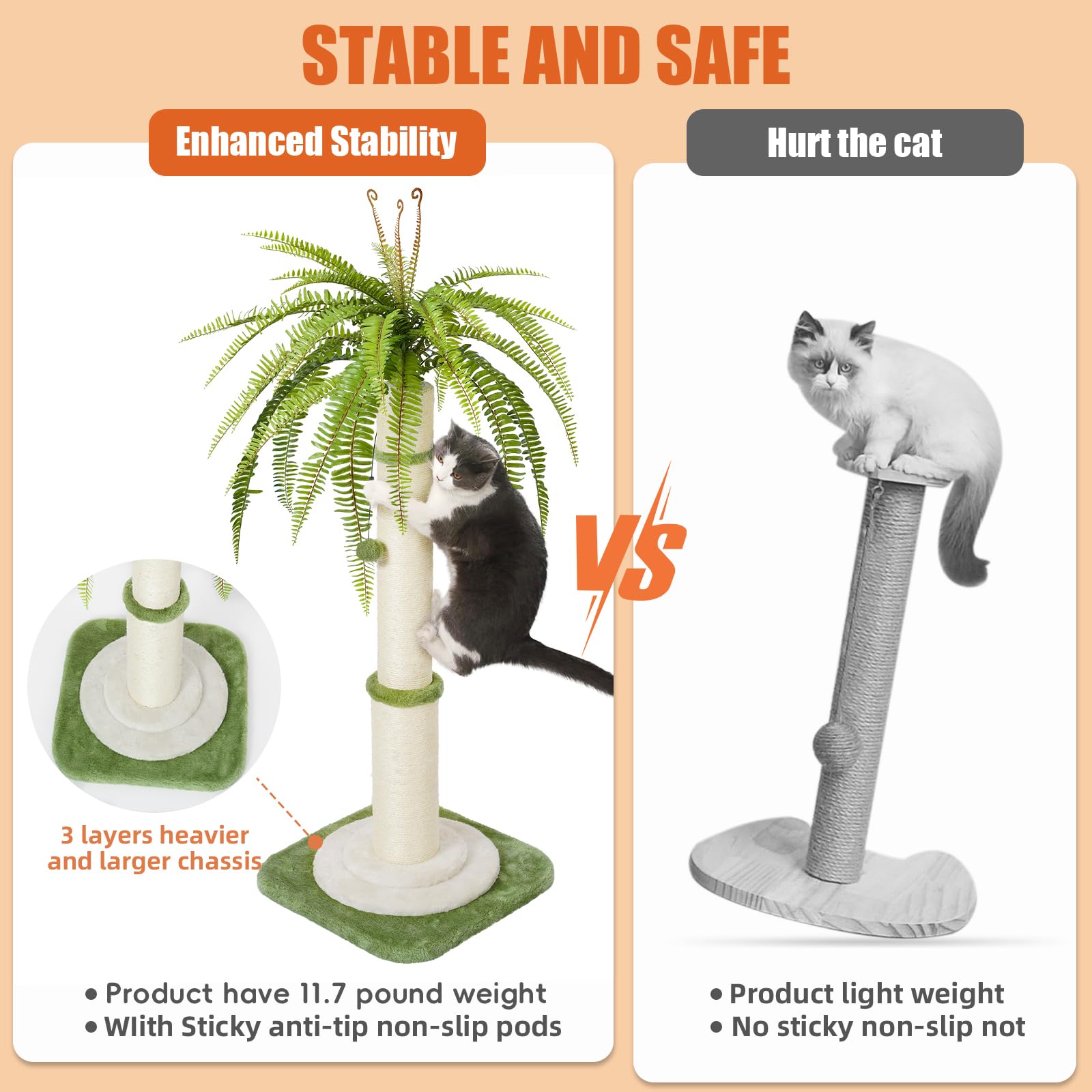 Honcet 42" Tall Cat Scratching Post - Durable Cat Scratching Posts for Indoor Cats, Ideal for Large Cats, Ensures Long-Lasting Cat Satisfaction