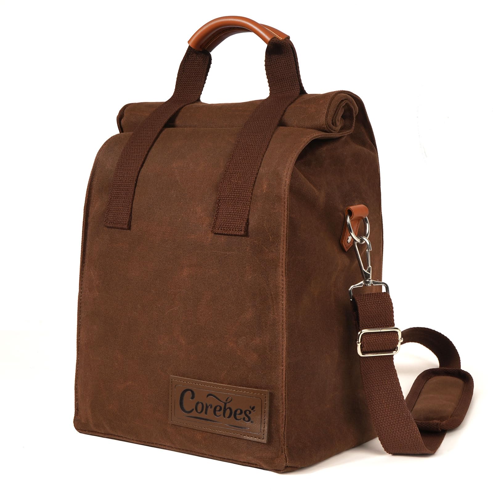 Corebes Insulated Lunch Bag for Men/Women, 11L Waxed Canvas Lunch Box with Adjustable Shoulder Strap & Double Hook-and-Loop Handles for Work Picnic Hiking Brown