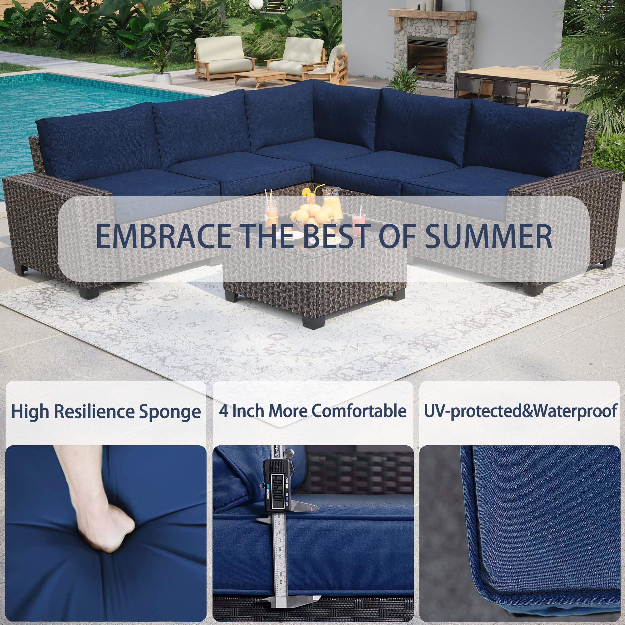 GAOMON 6 Pieces Outdoor Patio Furniture Set, Wicker Patio Conversation Set Sectional Sofa, Brown Patio Sofa with 5 Navy Blue Seat Cushions and 1 Glass Coffee Table