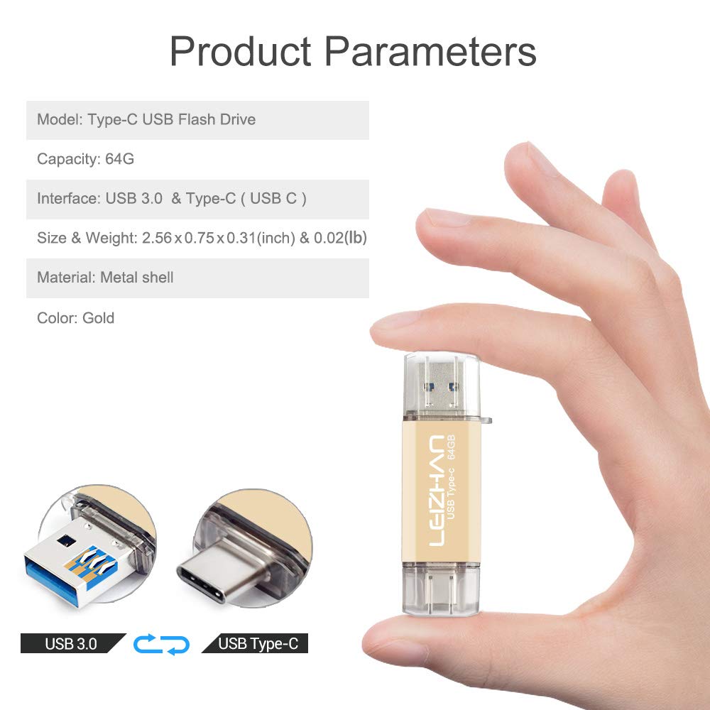 leizhan USB C Thumb Drive 64GB, Type C USB Memory Stick for Samsung Galaxy S10,S9, Note 9, S8, S8 Plus,Google Pixel XL, with USB OTG Adapter Micro and Type-C USB to USB Converter