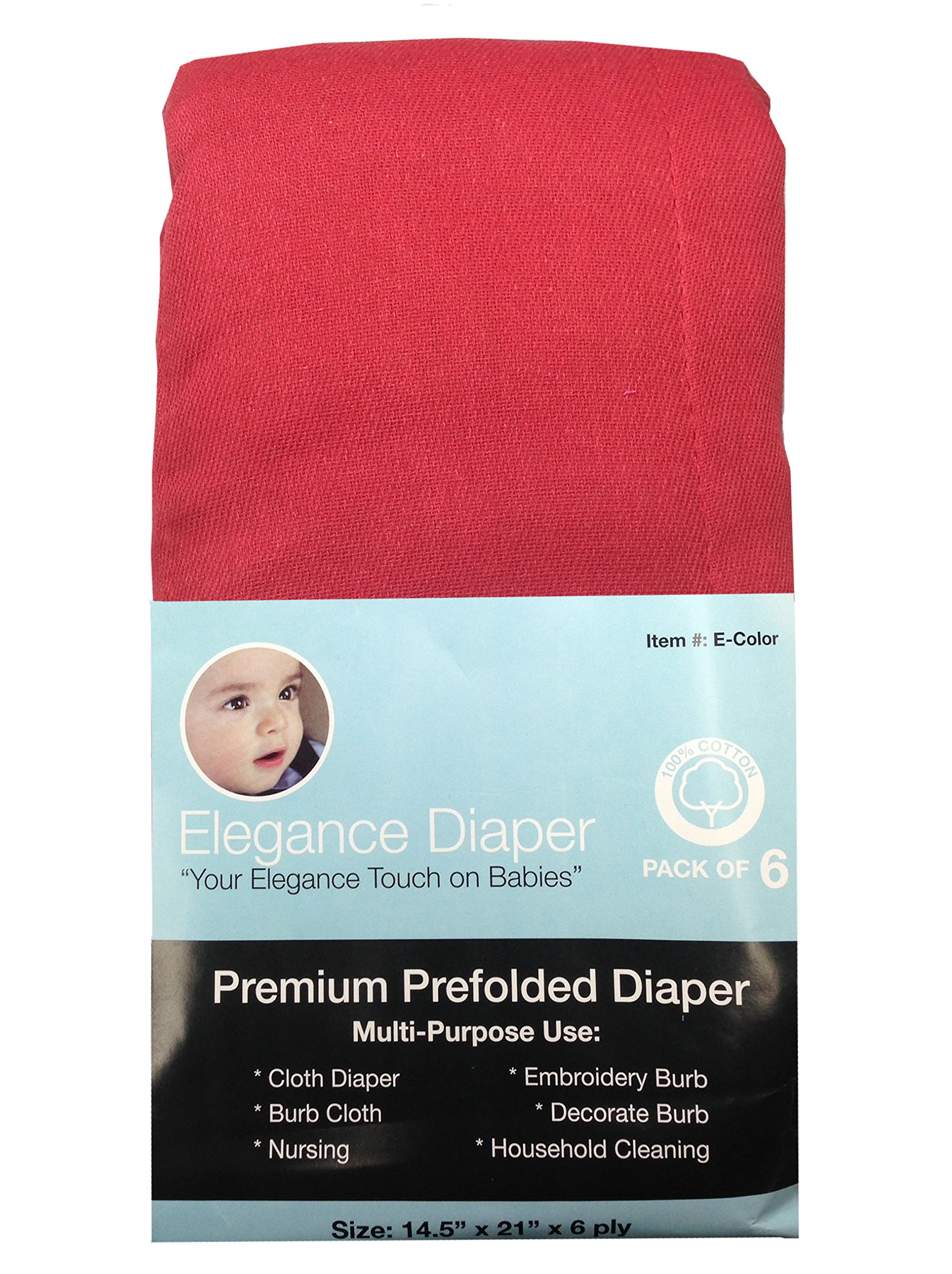 Elegance Diaper, Prefold Cloth Diaper Regular 4x6x4 6 Pack 100% Cotton (RED)