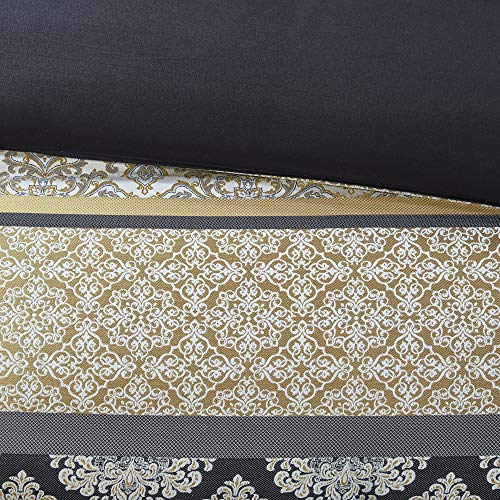 Madison Park Essentials Windsor 24-Piece Room in A Bag Comforter Set-Satin Jacquard All Season Luxury Bedding, Sheets, Decorative Pillows and Curtains, Valance, Queen (90 in x 90 in), Black/Gold