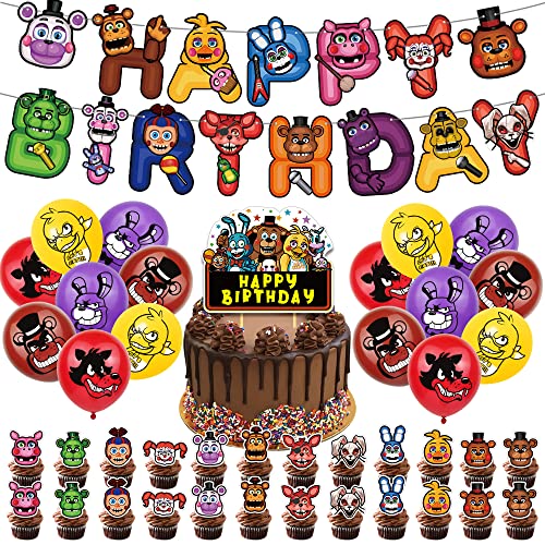 Birthday Party Supplies,Five Nights at Freddy Includes Banner, Tablecloth, Cake Topper - 24 Cupcake Toppers - 20 Balloons