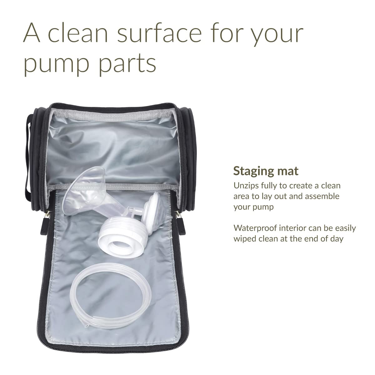 Kiinde Ariya Wet/Dry Bag for Storing Breast Pump Parts with Fold-out Mat, Keeps Pump Parts Clean, Black with Grey Waterproof Interior, Collapses Flat When Empty, Machine Washable