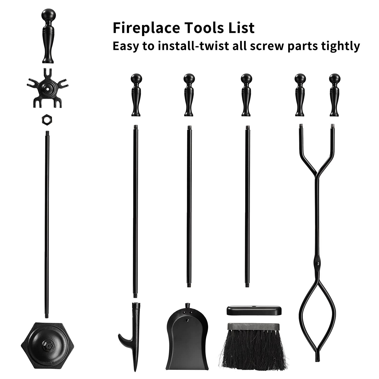 BeShiny 5 PCS Fireplace Tools Set Wrought Iron Fire Place Accessories Tools Modern Tool Poker Tongs Shovel Brush Stand