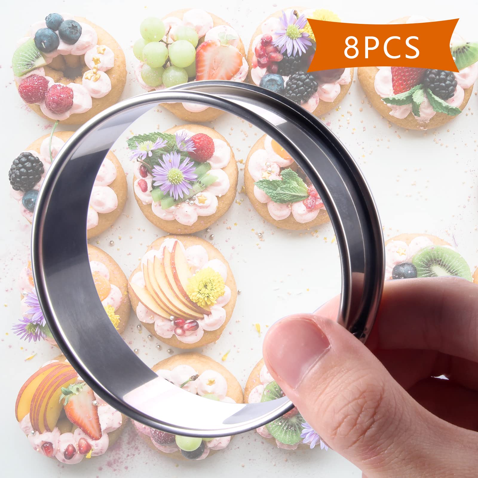 8 Pack English Muffin Rings Crumpet Ring,Double Rolled Stainless Steel Crumpet Rings Non Stick Metal Round Egg Ring Mold or Home Food Making Baking Tool(3.4 Iinch)
