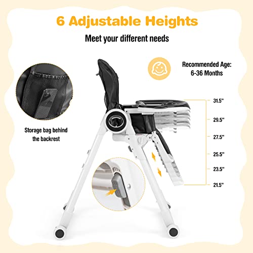 BABY JOY High Chair for Babies & Toddlers, Foldable Highchair with Adjustable Backrest/Footrest/Seat Height, Double Removable Trays, Detachable Seat Cushion, 4 Lockable Wheels (Black)