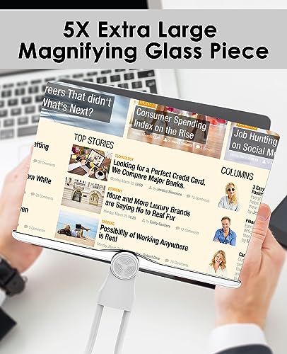 5X Hands Free Magnifying Glass for Reading.6.7" x 9.5"Large Full Book Page Magnifier for Neck Wear. Magnifier for Reading,Sewing, Cross Stitch, Inspection (White)