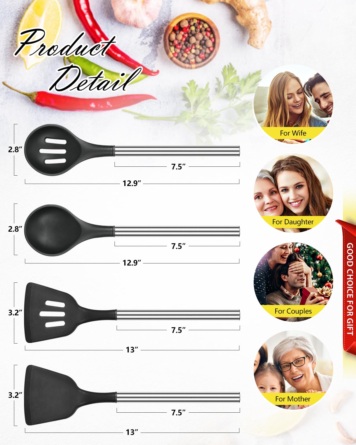4 Pcs Silicone Kitchen Utensils Set, Wok Spatulas-Slotted Turner-Cooking Spoon-Slotted Spoon, Non-Stick BPA Free Heat-Resistant Basting Stainless Steel Handle Kitchenware for Cooking, Mixing, Serving