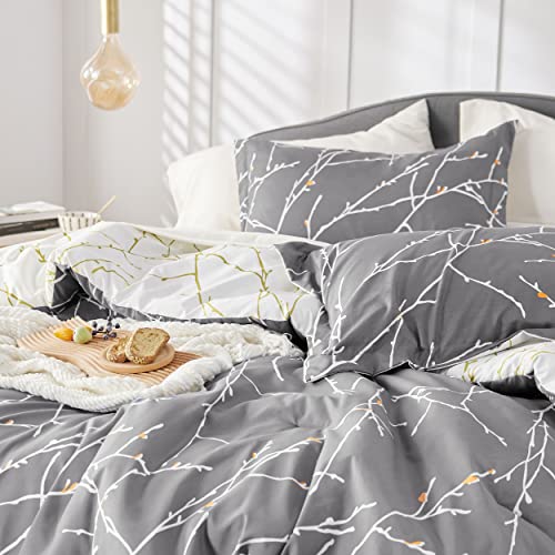 Bedsure Queen Comforter Sets - Bed in a Bag Queen 7 Pieces, Grey Flroal Reversible Bed Set Tree Branch Pattern Printed with Comforters Queen Size, Sheets, Pillowcases & Shams