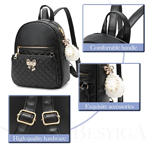 BESYIGA Backpack Purse for Women, Mini Leather Backpack for Women Chain Shoulder Travel Bag with Detachable Handbag, 2 Pieces(Black)
