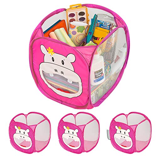Smart Design Kids Pop Up Organizer with Animal Print - Set of 4 - VentilAir Mesh Netting - for Toddlers, Baby Clothes, Plushies, and Toys - Home Organization - Cube - 10.5 x 11 Inch - Pink Hippo
