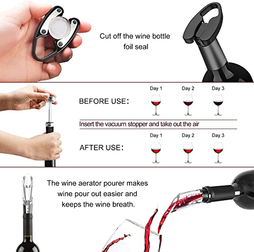 Electric Wine Opener, Automatic Wine Bottle Opener with Base, Corkscrew Remover with Foil Cutter Vacuum Pump Preservation Stopper Aerator Pourer Wine Lovers Gift Set USB Rechargeable