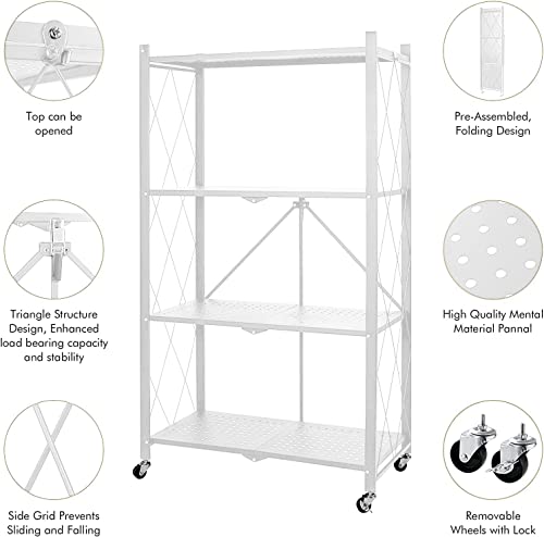 MagicFox Foldable Storage Shelf Unit on Wheels Large Capacity (No Assembly) Heavy Duty Steel 5-Shelving Organizer Rack for Kitchen, Garage and Laundry Bathroom Tool Organization(5 Tier (White)