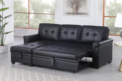 Lilola Home Lexi Black Synthetic Leather Modern Reversible Sleeper Sectional Sofa with Storage Chaise
