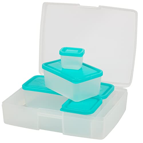 Kids Lunch Box & Bento Box Kit, Turquoise, Lunch Bag Tote Set is Insulated & Keeps Food Cold for Hours, Includes Bento Inside, 5 Removable Containers & Blue Lids, Great for Girls Back to School