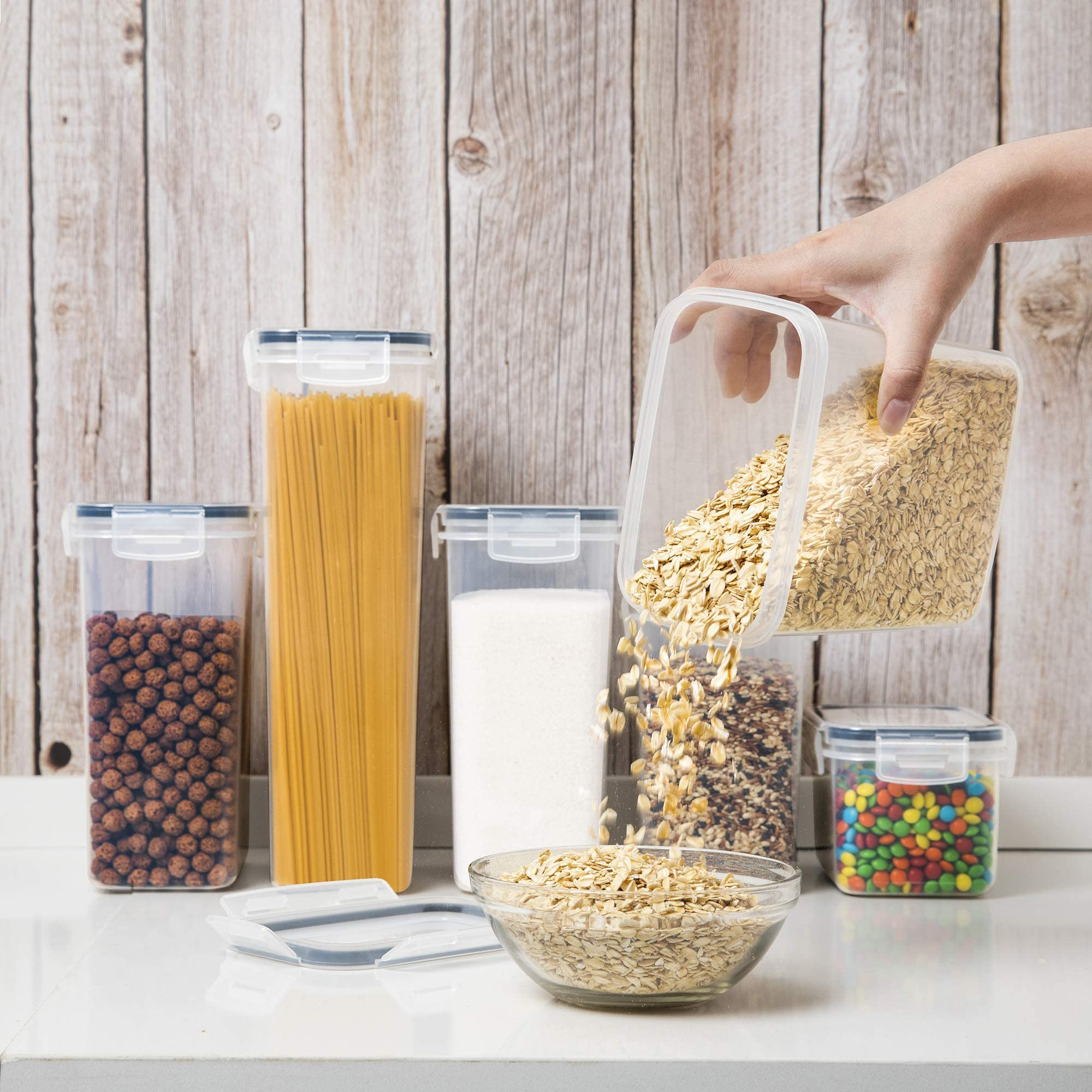 7 PACK Airtight Food Storage Containers With Lids, BPA Free Kitchen Storage Containers for Spaghetti, Pasta and More, Plastic Canisters for Pantry Organization and Storage（Attached sticker）
