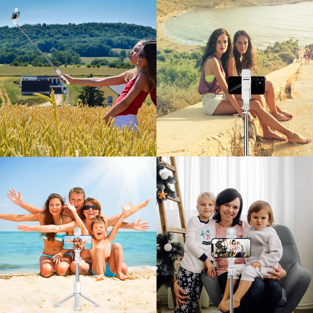 Ambertronix 40" Lighted Selfie Stick Tripod, Removable Bluetooth Remote, 3 Light Modes, 6 Brightness Levels, Lightweight, Portable, Compatible with All iPhone & Android Devices, White (2022Upgrade)