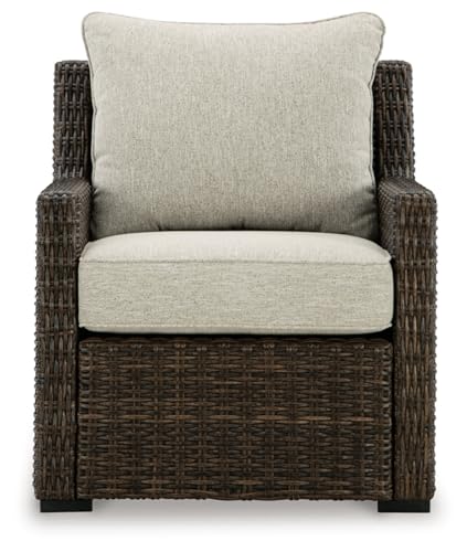 Signature Design by Ashley Brook Ranch Casual Weather Resistant Outdoor Lounge Chair with Cushion, Dark Brown & Beige