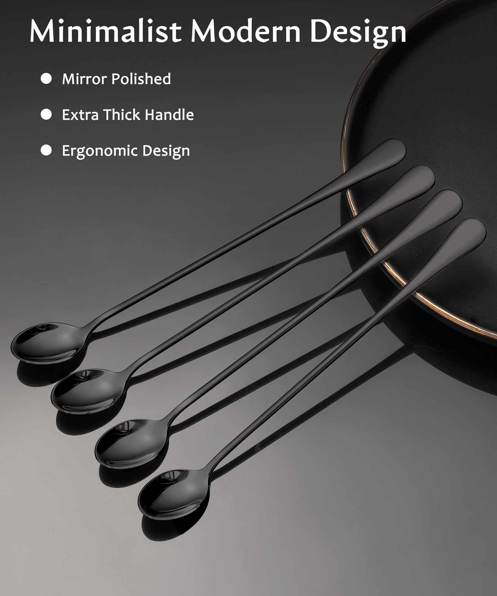 Lovingly Yours 9.5-Inch Long Handle Ice Tea Spoons, Ice Cream Spoons, Black Long Coffee Spoons, Stainless Steel Long Spoons for Stirring, Set of 4