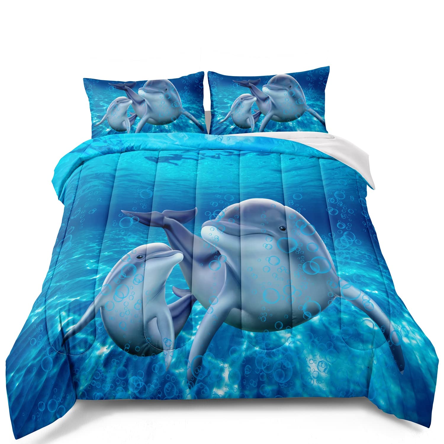 BDUCOK Dolphin Bedding Set Cute Dolphin Jumping Blue Ocean Animal Themed Comforter Set for Kids Boys Girls Adult Room Decor Dolphin Comforter Cover King Size 1 Comforter wiht 2 Pillowcases