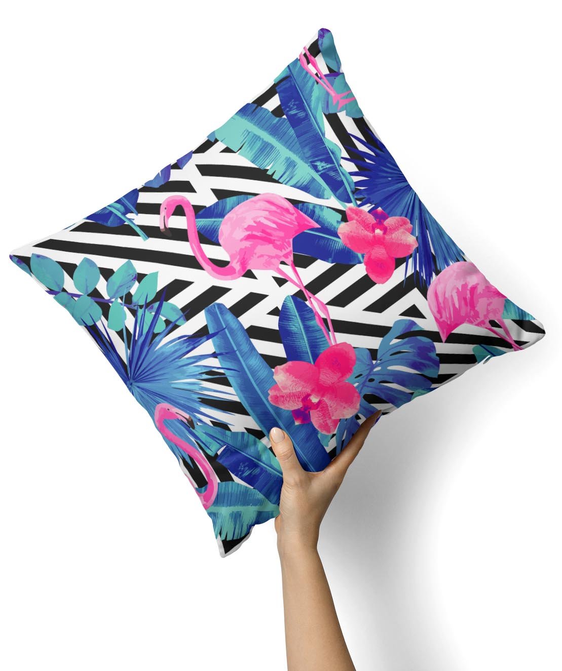 iiRov Summer Design Ink-Fuzed Decorative Throw Pillow - Vivid Tropical Chevron Floral v2