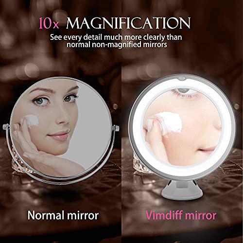Vimdiff 10X Magnifying Makeup Mirror with Lights, Portable Hand Cosmetic Magnification Lighted Makeup Mirror for Home Tabletop Bathroom Shower and Travel