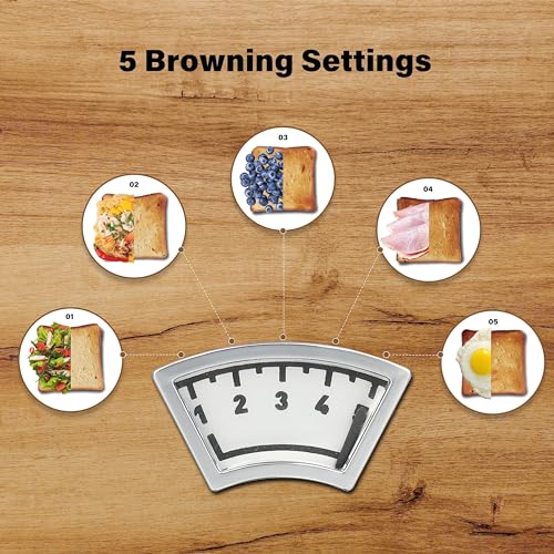 Simple Deluxe Stainless Steel Toaster 2 Slice with 1.5β Wide Slot & Removable Crumb Tray, 5 Shade Options and Bagel/Defrost/Cancel Functions, for Various Bread & Waffle, Retro Silver