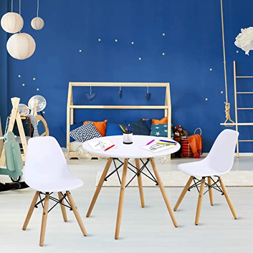 BETTARY Table and Chair Set, 3-Piece Kids Dining Learning Furniture Set, Kids Size Plastic Table and Chairs w/Beechwood Legs for Home Daycare Preschool, Play Table for Toddler Gifts, White (2 Chairs)
