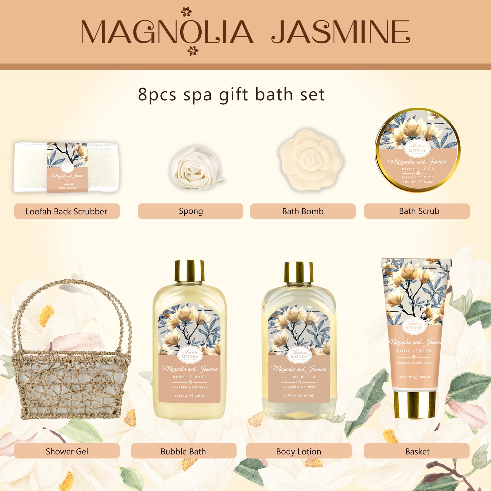 Home Spa Gift Basket, Bath Spa Kit for Women, with Body Lotion, Shower Gel, Bubble Bath, Body Scrub, Bath Salt, Bath Bomb, Bath Gift Set for Mother, Wife Her, with Magnolia and Jasmine Scent