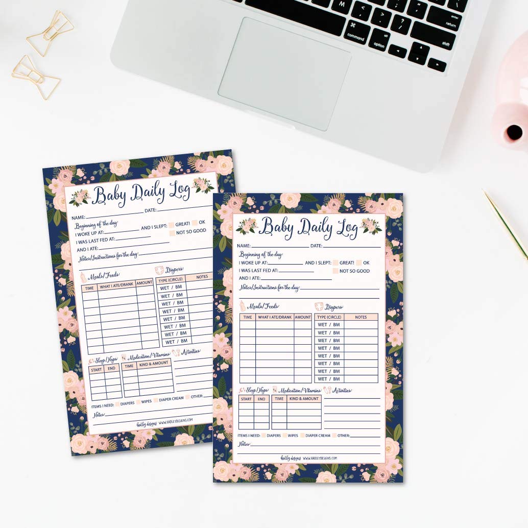 Hadley Designs - Nanny Newborn Baby or Toddler Log Tracker Journal Book, Daily Schedule Feeding Food Sleep Naps Activity Diaper Change Monitor Notes For Babies - 50 Sheet Pad