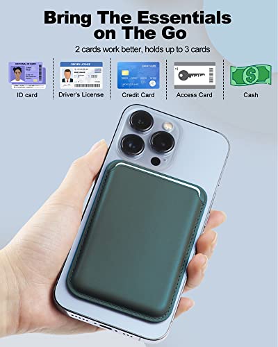 COMWINN Mag Safe Wallet with Double-Row Magnets - Minimalism Leather Mag Safe Card Holder - Slim Magnetic Wallet for iPhone 14/13/12 Series Model and Magsafe Case - Max Fit 3 Cards Dark Green