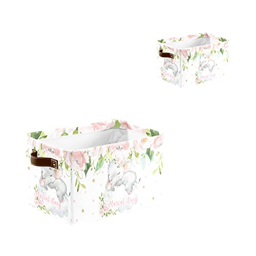 Elephant Pink Floral Custom Storage Basket ,Personalized Storage Bins Cubes Organizer with Handle for Bedroom Wardrobe,Nursery,Basket 1 Pack