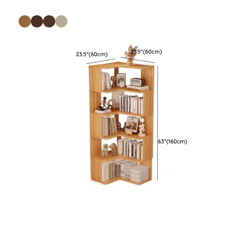LITFAD Modern Vertical Corner Bookshelf Solid Wood Floor Bookcase with Shelves & Open Back Design Living Room Storage Shelves - Dark Walnut 24" L x 24" W x 63" H