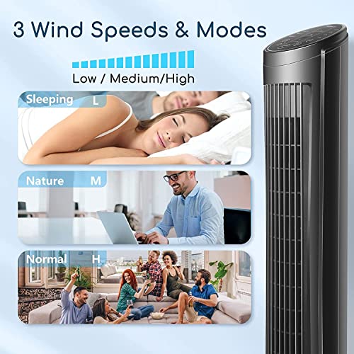 Tower Fan, 40β Oscillating Tower Fan with Remote Control, Electric Quiet Cooling Bladeless Fan 3 Wind Modes & Speeds, 7.5H Timer, Standing Floor Fan Portable for Home Bedroom Office, Black, Windy