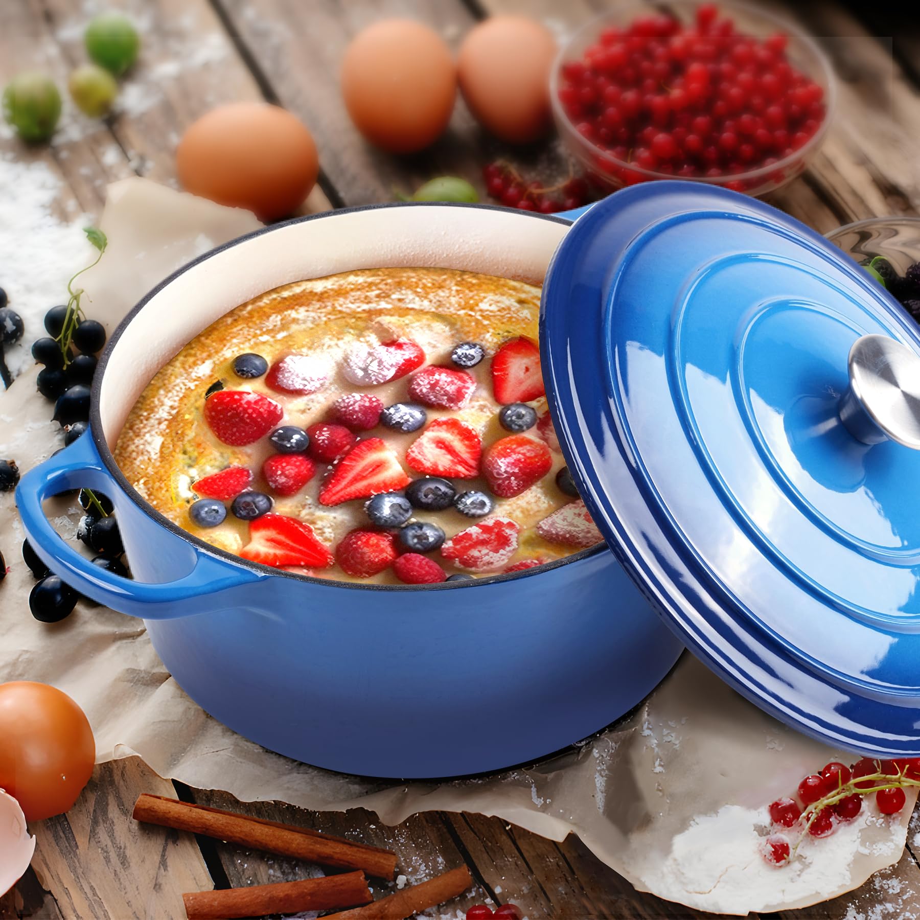 6 Quart Enameled Cast Iron Dutch Oven with Lid - Big Dual Handles - Oven Safe up to 500°F - Classic Round Pot for Versatile Cooking Blue
