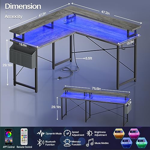 armocity L Shaped Computer Desk with Power Outlets, Gaming Desk L Shaped with LED Lights, Corner Desk with Storage Shelves, Work Study Desk for Bedroom, Home Office Small Spaces, 47'', Grey