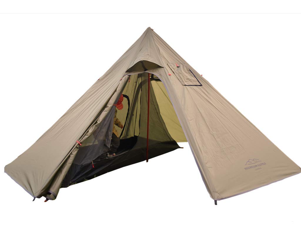 4 Person Teepee Hot Tent with Half Mesh and Fire Retardant Stove Jack Lightweight 6.8lb Height 7.2FT Teepee Tent Outdoor Camping Pyramid Tipi Tent (Brown Green)