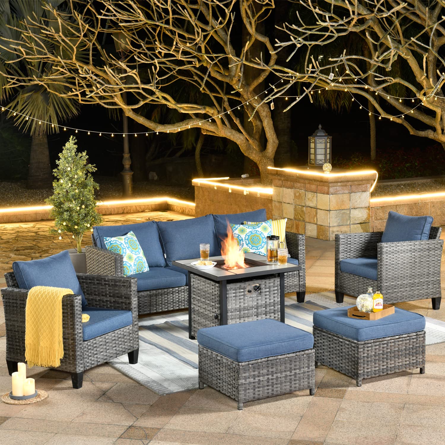 ovios Patio Furniture Set, 6 Pieces Outdoor Conversation Set with 30 Inch Gas Fire Pit Table Modern Wicker Rattan Sofa Set with Comfortable Cushion, Ottomans, Denim Blue