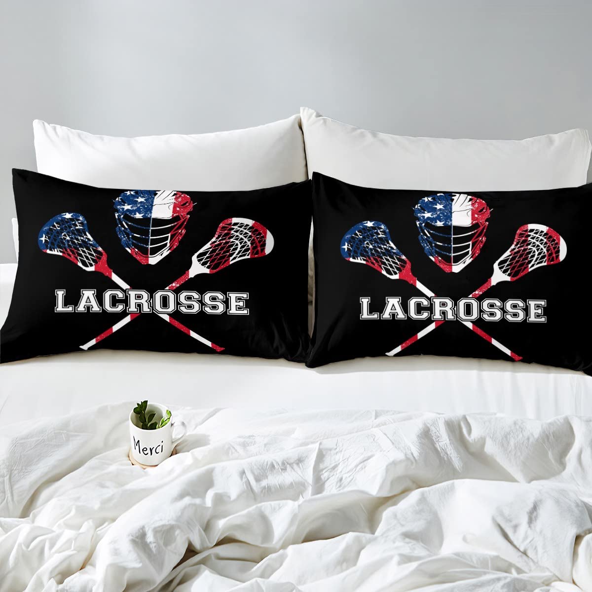 Lacrosse Comforter Cover Queen Size,Sports Ball Games Themed Bedding Set for Modern Room,American Flag Print Duvet Cover Set with 2 Pillowcases, Ultra Soft Bed Spread