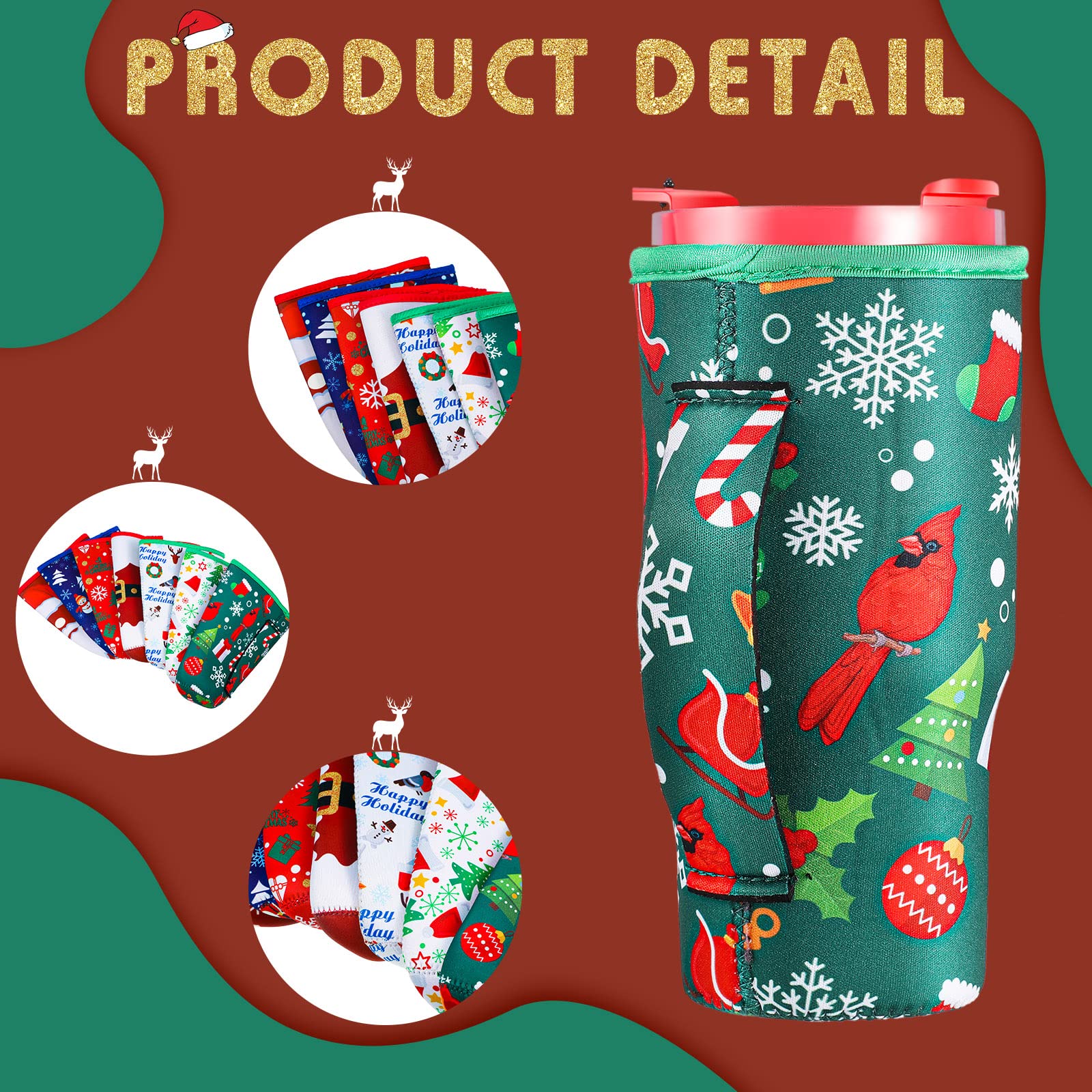 7 Pieces Christmas Coffee Sleeve Cup Reusable Iced Coffee Sleeve Insulator for Drinks Xmas Sleeve Mugs Cover Holders Santa Coffee Sleeve Tumbler Gift for 30 oz Cold Hot Beverages Milk Water